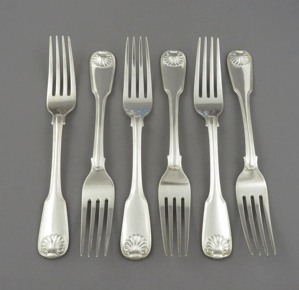 6 Georgian Sterling Silver Fiddle Thread & Shell Dinner Forks | JH Tee ...