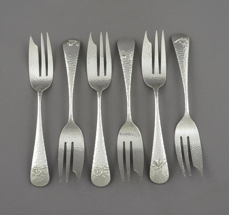 6 Gorham Antique Hammered and Applied Silver Pie Forks | JH Tee Antiques